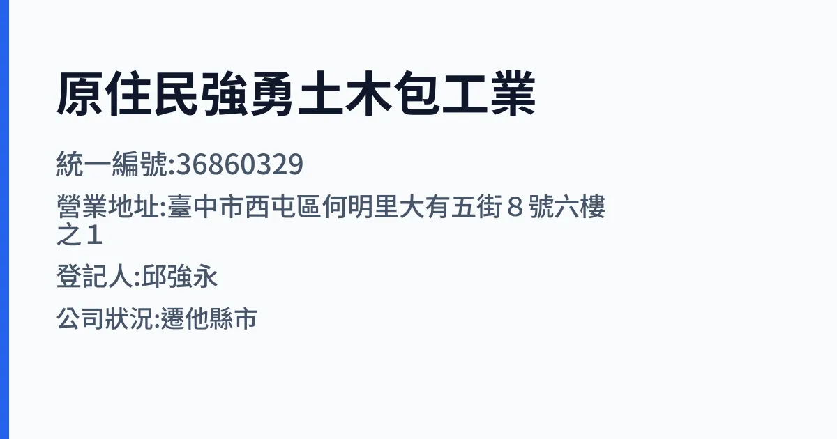 原住民強勇土木包工業 - 統編 36860329（臺東縣） 公司登記資料與營業項目詳細圖表