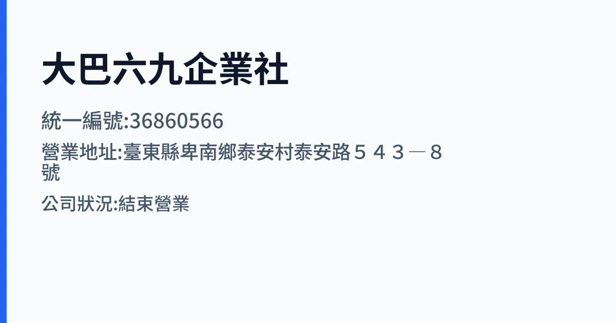 大巴六九企業社 - 統編 36860566(臺東縣) 公司登記資料與營業項目詳細圖表