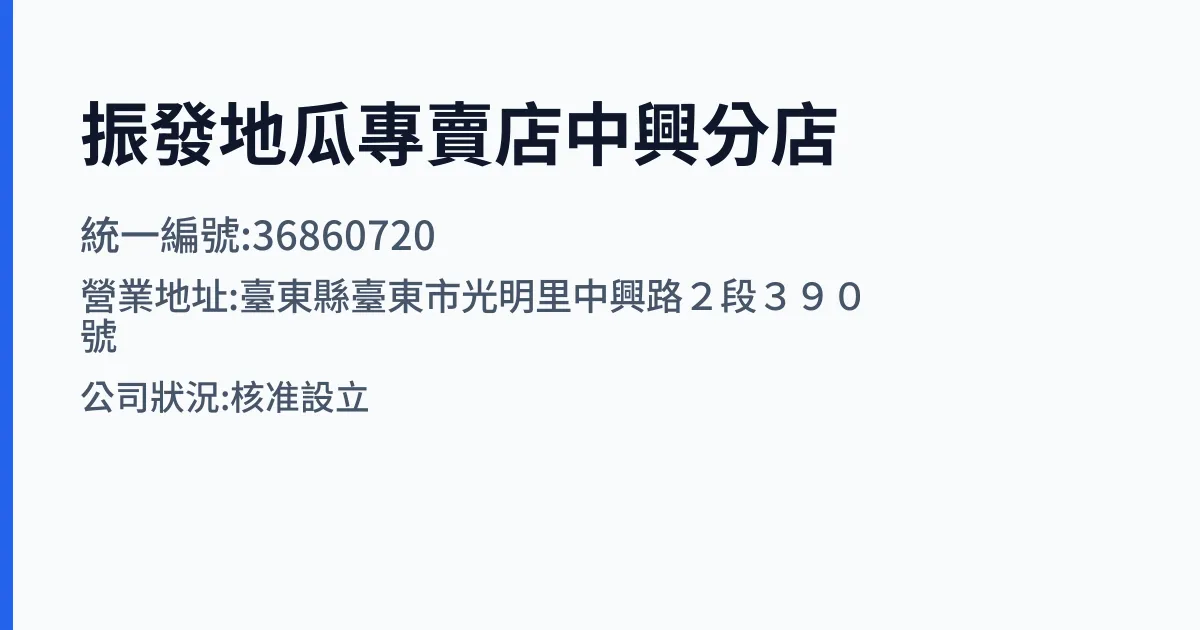 振發地瓜專賣店中興分店 - 統編 36860720(臺東縣) 公司登記資料與營業項目詳細圖表