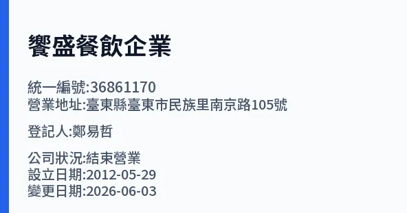 饗盛餐飲企業的照片-統編 36861170(臺東縣) 公司登記資料與營業項目詳細圖表