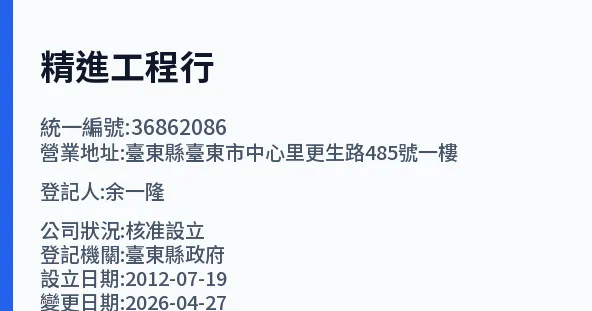 精進工程行的照片-統編 36862086(臺東縣) 公司登記資料與營業項目詳細圖表