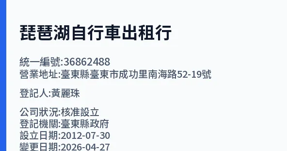 琵琶湖自行車出租行的照片-統編 36862488(臺東縣) 公司登記資料與營業項目詳細圖表