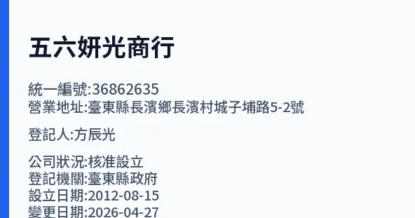 五六妍光商行的照片-統編 36862635(臺東縣) 公司登記資料與營業項目詳細圖表
