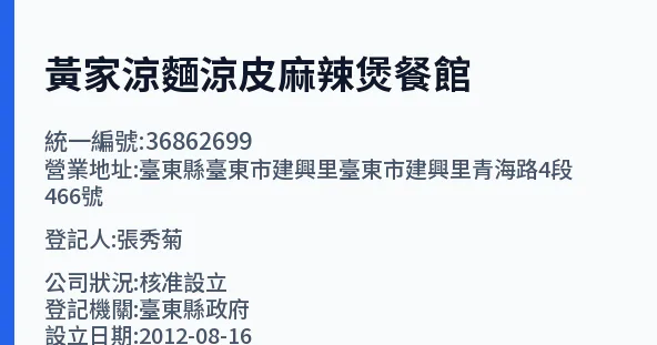 黃家涼麵涼皮麻辣煲餐館的照片-統編 36862699(臺東縣) 公司登記資料與營業項目詳細圖表