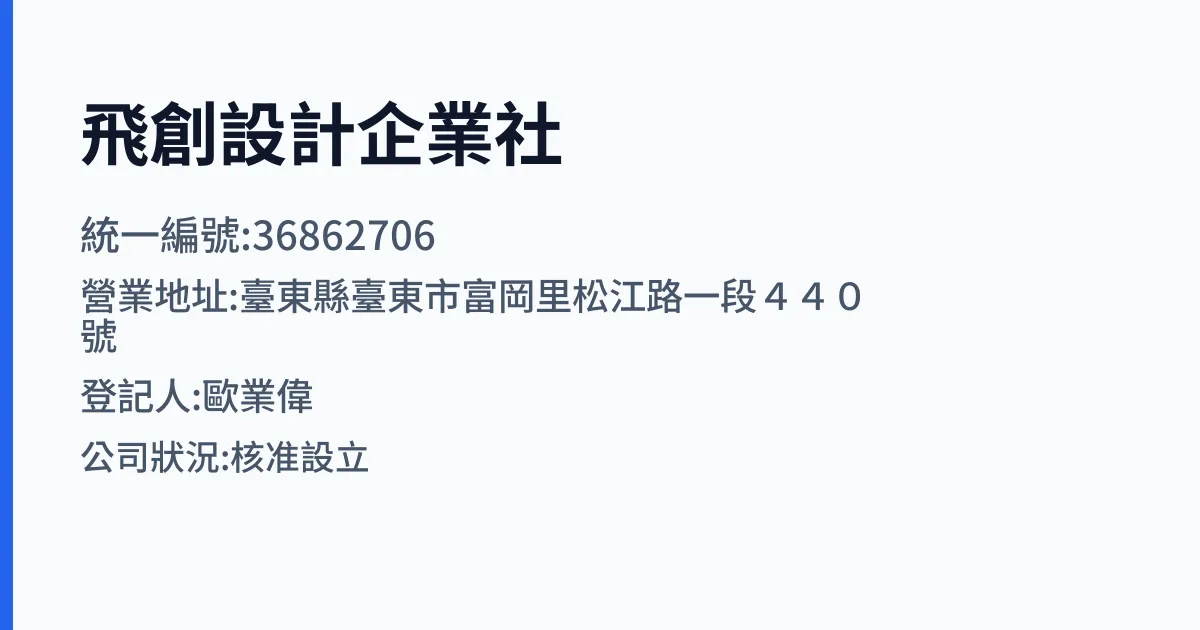 飛創設計企業社 - 統編 36862706(臺東縣) 公司登記資料與營業項目詳細圖表