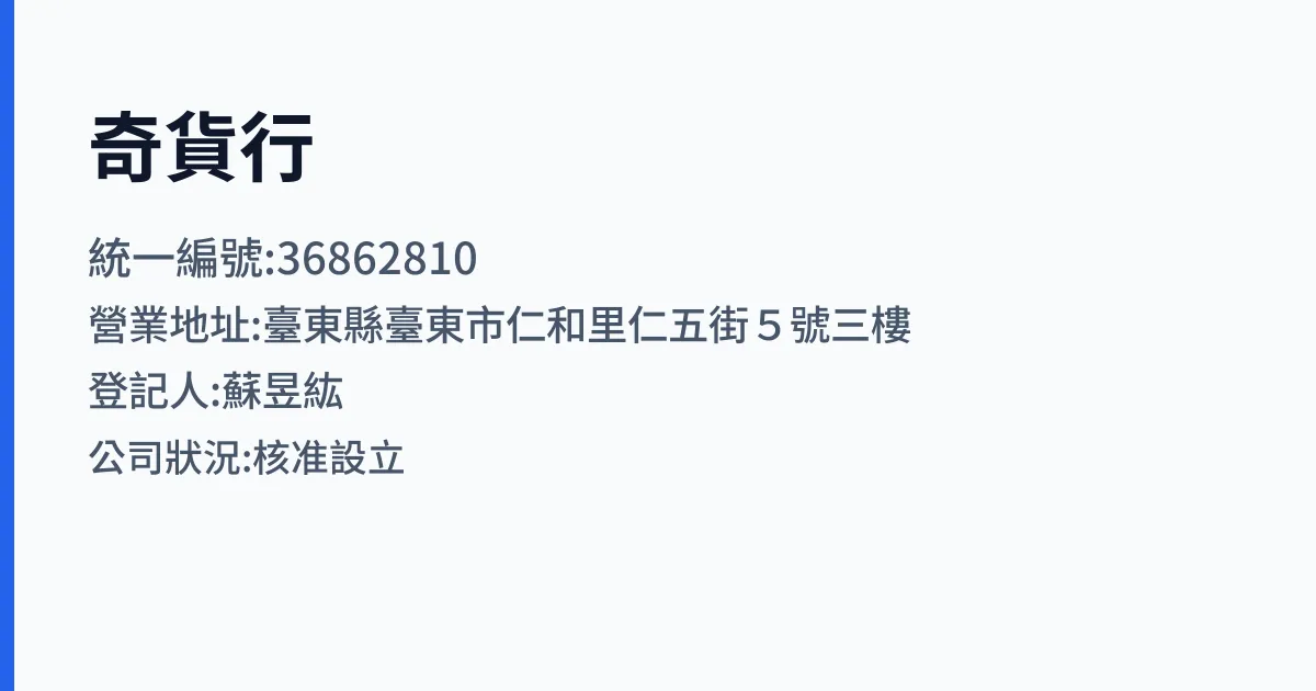 奇貨行 - 統編 36862810(臺東縣) 公司登記資料與營業項目詳細圖表