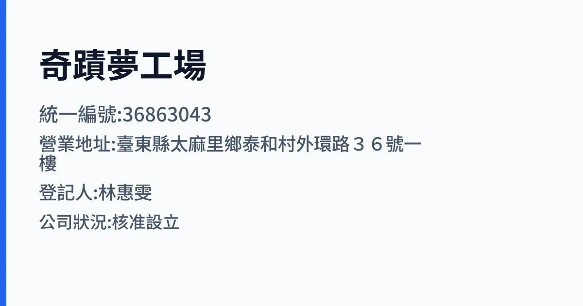 奇蹟夢工場 - 統編 36863043(臺東縣) 公司登記資料與營業項目詳細圖表