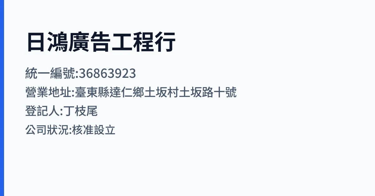 日鴻廣告工程行 - 統編 36863923（臺東縣） 公司登記資料與營業項目詳細圖表
