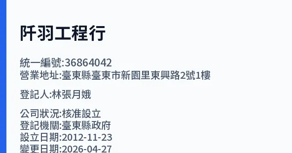 阡羽工程行的照片-統編 36864042(臺東縣) 公司登記資料與營業項目詳細圖表