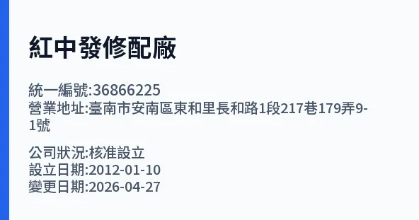 紅中發修配廠的照片-統編 36866225(臺南市) 公司登記資料與營業項目詳細圖表