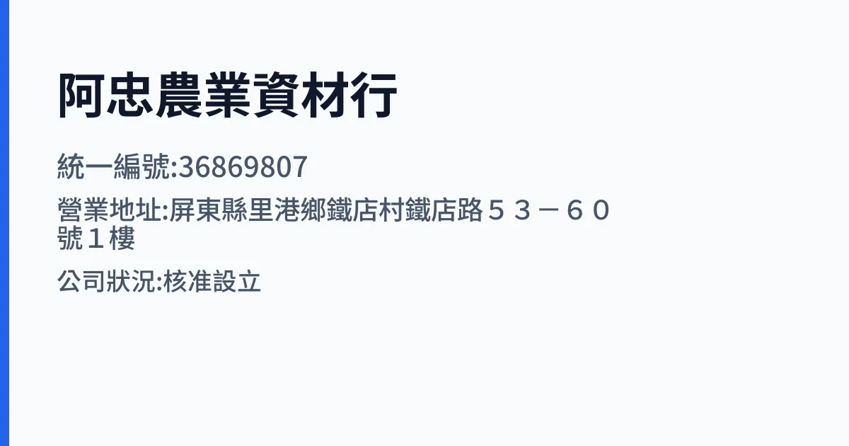 阿忠農業資材行 - 統編 36869807(屏東縣) 公司登記資料與營業項目詳細圖表