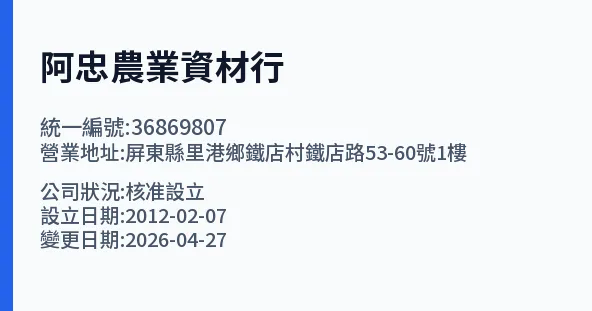 阿忠農業資材行的照片-統編 36869807(屏東縣) 公司登記資料與營業項目詳細圖表
