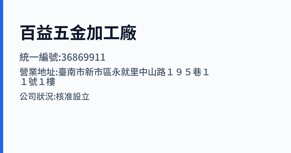 百益五金加工廠 - 統編 36869911(臺南市) 公司登記資料與營業項目詳細圖表