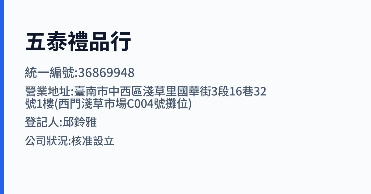 五泰禮品行 - 統編 36869948(臺南市) 公司登記資料與營業項目詳細圖表