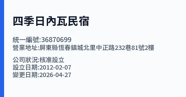 四季日內瓦民宿的照片-統編 36870699(屏東縣) 公司登記資料與營業項目詳細圖表