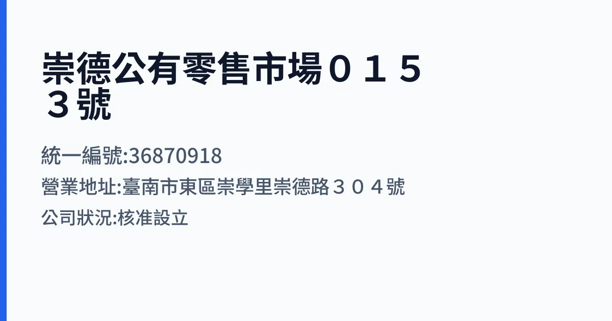 崇德公有零售市場０１５３號 - 統編 36870918(臺南市) 公司登記資料與營業項目詳細圖表