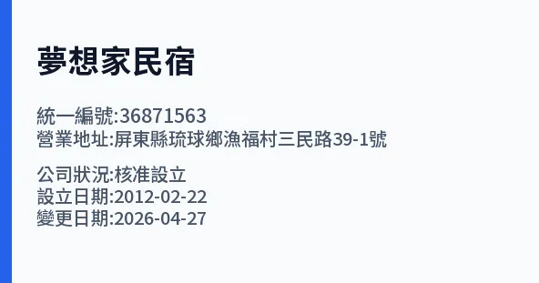 夢想家民宿的照片-統編 36871563(屏東縣) 公司登記資料與營業項目詳細圖表