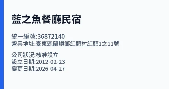 藍之魚餐廳民宿的照片-統編 36872140(臺東縣) 公司登記資料與營業項目詳細圖表