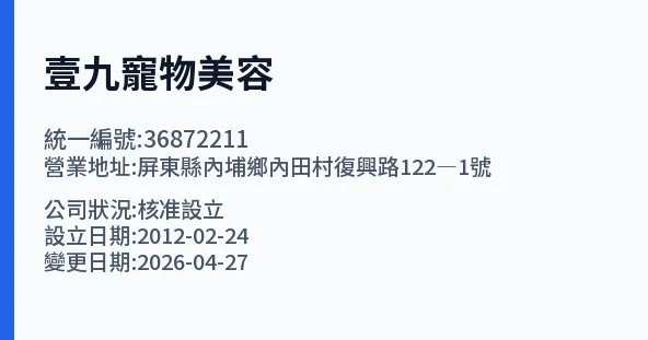 壹九寵物美容的照片-統編 36872211(屏東縣) 公司登記資料與營業項目詳細圖表