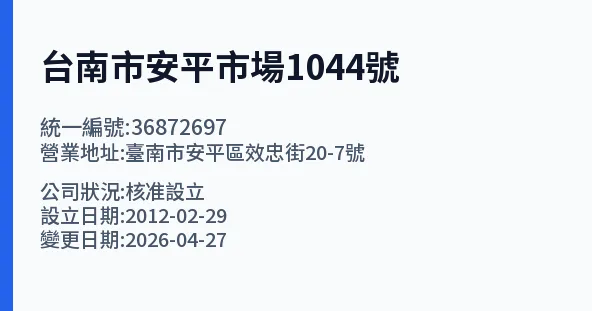 台南市安平市場1044號的照片-統編 36872697(臺南市) 公司登記資料與營業項目詳細圖表