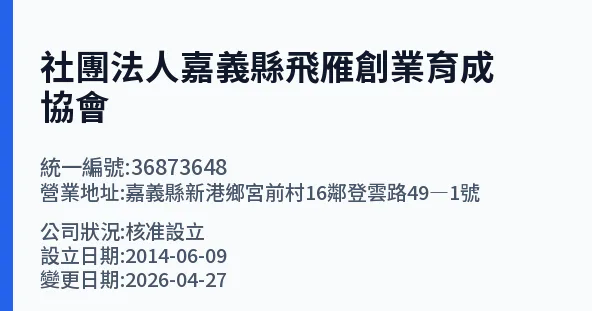 社團法人嘉義縣飛雁創業育成協會的照片-統編 36873648(嘉義縣) 公司登記資料與營業項目詳細圖表