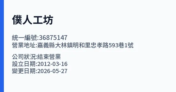 僕人工坊的照片-統編 36875147(嘉義縣) 公司登記資料與營業項目詳細圖表