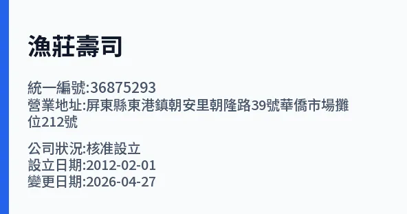 漁莊壽司的照片-統編 36875293(屏東縣) 公司登記資料與營業項目詳細圖表