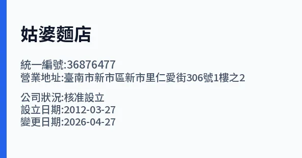 姑婆麵店的照片-統編 36876477(臺南市) 公司登記資料與營業項目詳細圖表