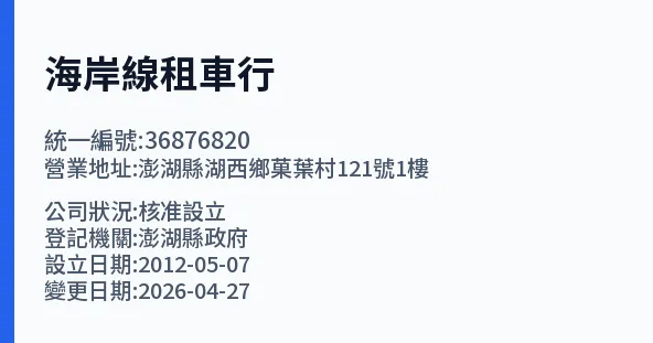 海岸線租車行的照片-統編 36876820(澎湖縣) 公司登記資料與營業項目詳細圖表