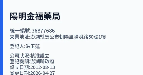 陽明金福藥局的照片-統編 36877686(澎湖縣) 公司登記資料與營業項目詳細圖表
