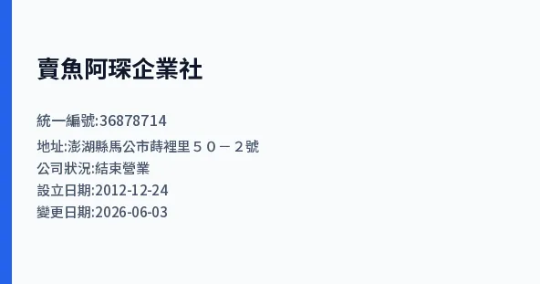 賣魚阿琛企業社的照片-統編 36878714(澎湖縣) 公司登記資料與營業項目詳細圖表