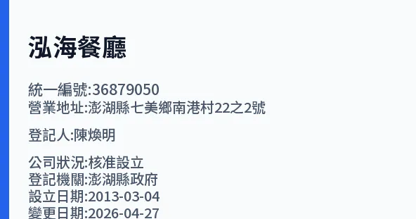 泓海餐廳的照片-統編 36879050(澎湖縣) 公司登記資料與營業項目詳細圖表