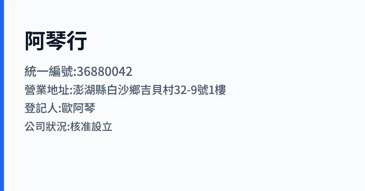阿琴行 - 統編 36880042(澎湖縣) 公司登記資料與營業項目詳細圖表