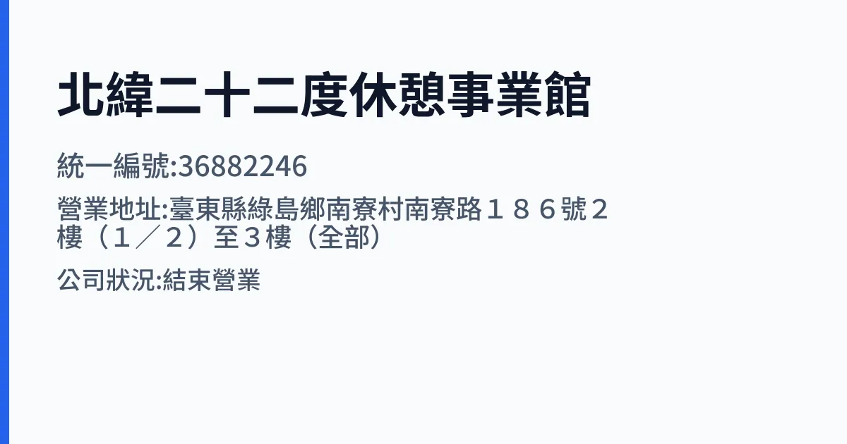 北緯二十二度休憩事業館 - 統編 36882246(臺東縣) 公司登記資料與營業項目詳細圖表
