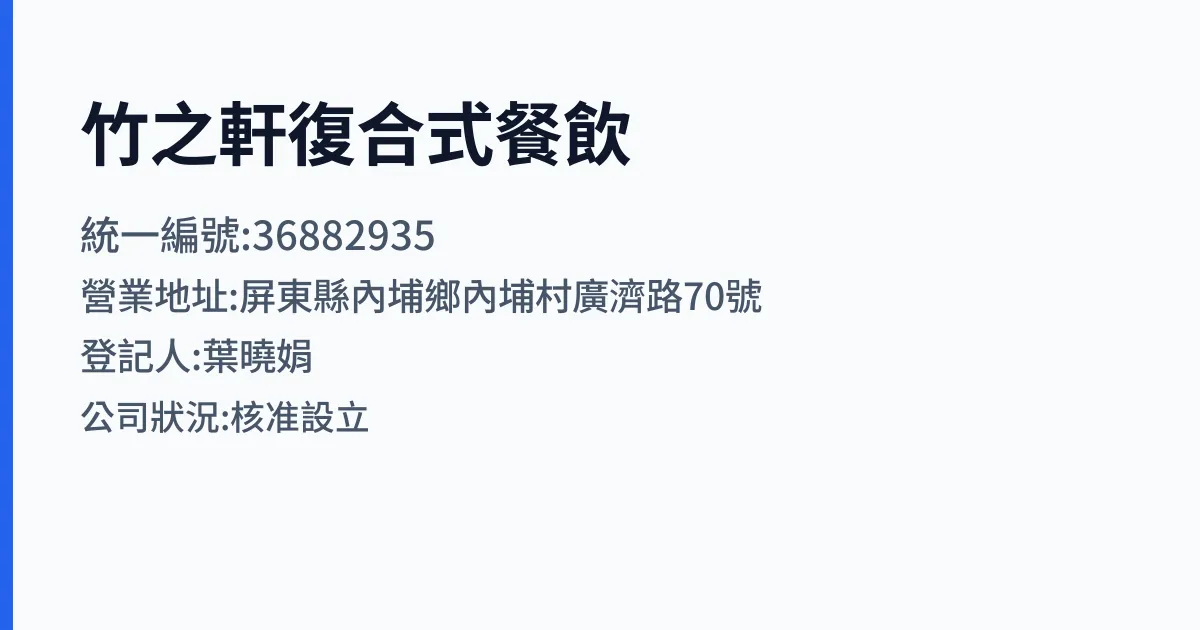 竹之軒復合式餐飲 - 統編 36882935(屏東縣) 公司登記資料與營業項目詳細圖表