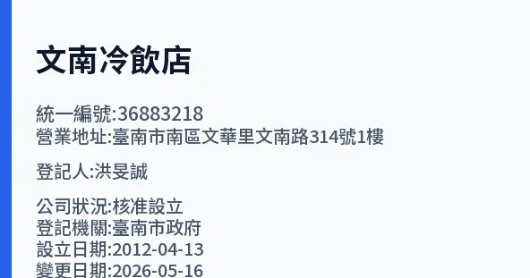 文南冷飲店的照片-統編 36883218(臺南市) 公司登記資料與營業項目詳細圖表