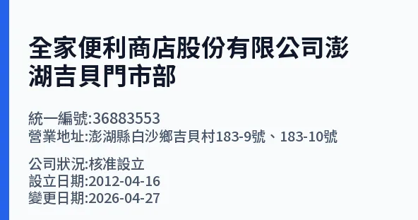 全家便利商店股份有限公司澎湖吉貝門市部的照片-統編 36883553(澎湖縣) 公司登記資料與營業項目詳細圖表