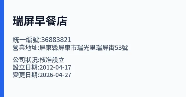 瑞屏早餐店的照片-統編 36883821(屏東縣) 公司登記資料與營業項目詳細圖表