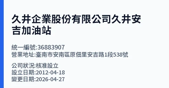 久井企業股份有限公司久井安吉加油站的照片-統編 36883907(臺南市) 公司登記資料與營業項目詳細圖表