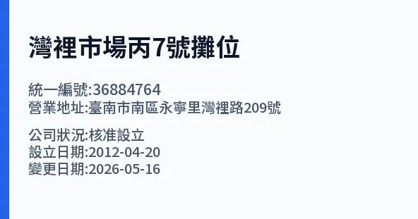 灣裡市場丙7號攤位的照片-統編 36884764(臺南市) 公司登記資料與營業項目詳細圖表
