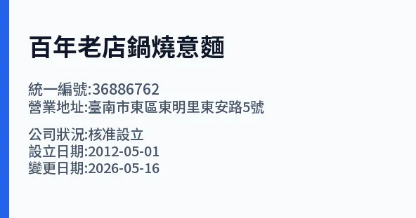 百年老店鍋燒意麵的照片-統編 36886762(臺南市) 公司登記資料與營業項目詳細圖表