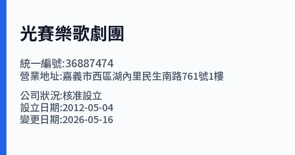 光賽樂歌劇團的照片-統編 36887474(嘉義市) 公司登記資料與營業項目詳細圖表