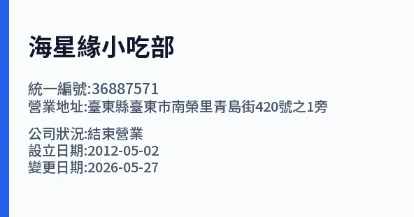 海星緣小吃部的照片-統編 36887571(臺東縣) 公司登記資料與營業項目詳細圖表