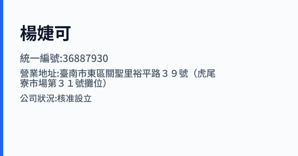 楊婕可 - 統編 36887930(臺南市) 公司登記資料與營業項目詳細圖表
