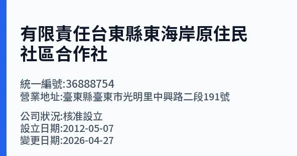 有限責任台東縣東海岸原住民社區合作社的照片-統編 36888754(臺東縣) 公司登記資料與營業項目詳細圖表