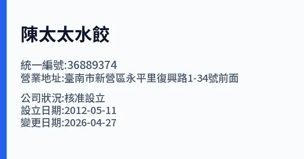 陳太太水餃的照片-統編 36889374(臺南市) 公司登記資料與營業項目詳細圖表