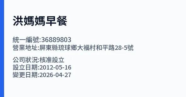 洪媽媽早餐的照片-統編 36889803(屏東縣) 公司登記資料與營業項目詳細圖表