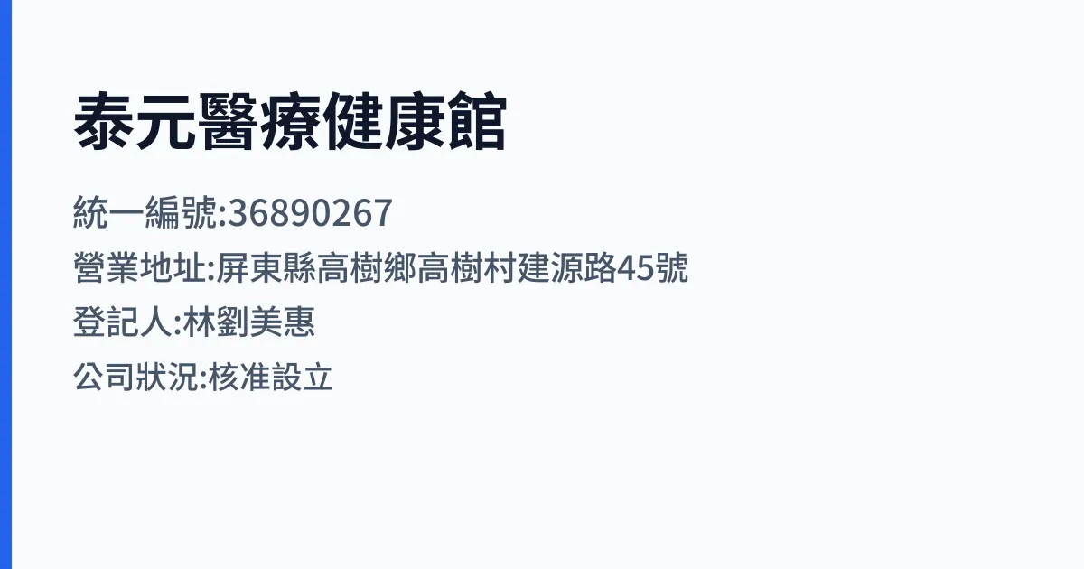 泰元醫療健康館 - 統編 36890267(屏東縣) 公司登記資料與營業項目詳細圖表