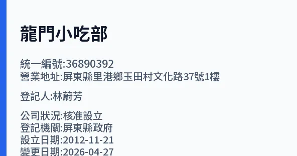 龍門小吃部的照片-統編 36890392(屏東縣) 公司登記資料與營業項目詳細圖表