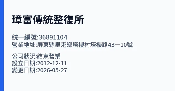 璋富傳統整復所的照片-統編 36891104(屏東縣) 公司登記資料與營業項目詳細圖表